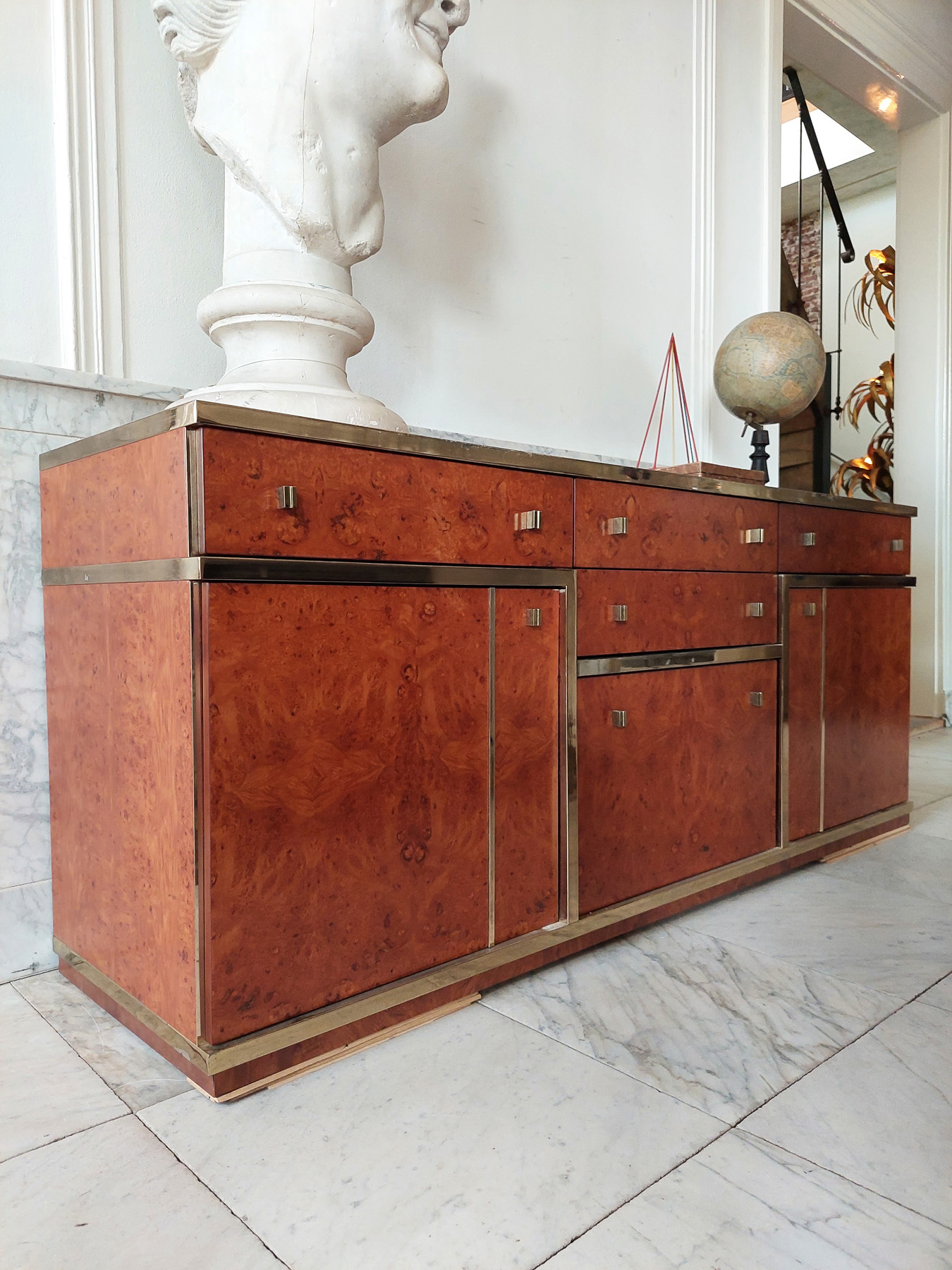 Midcentury Willy Rizzo Burl Wood and Chrome Credenza, Italy 1970s ...