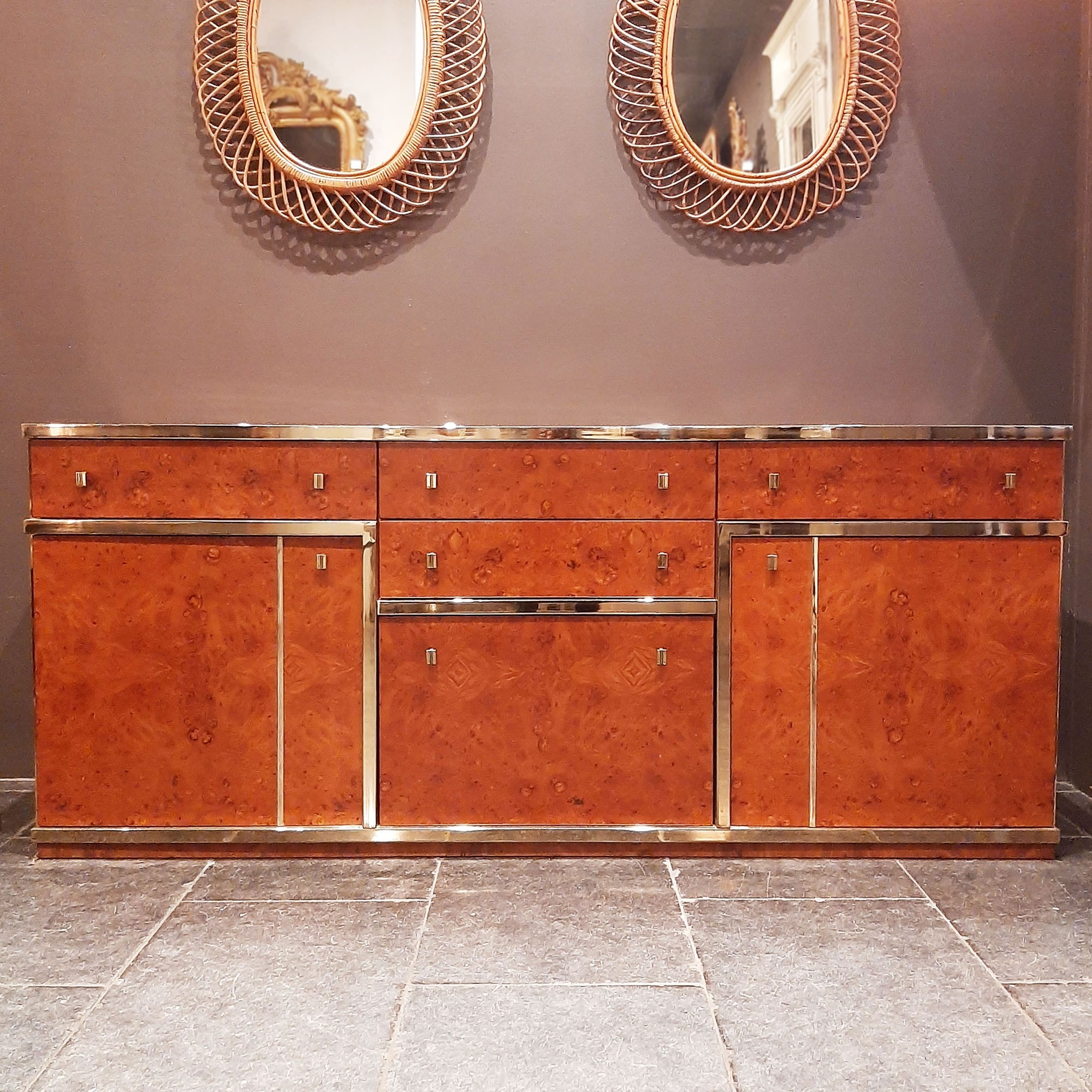 Midcentury Willy Rizzo Burl Wood and Chrome Credenza, Italy 1970s ...