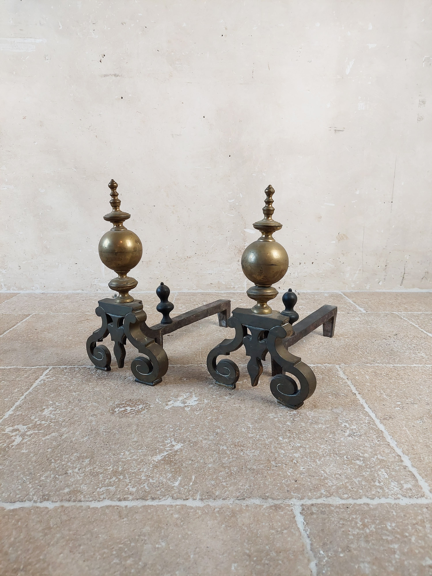Antique bronze and wrought iron fire andirons - Piet Jonker