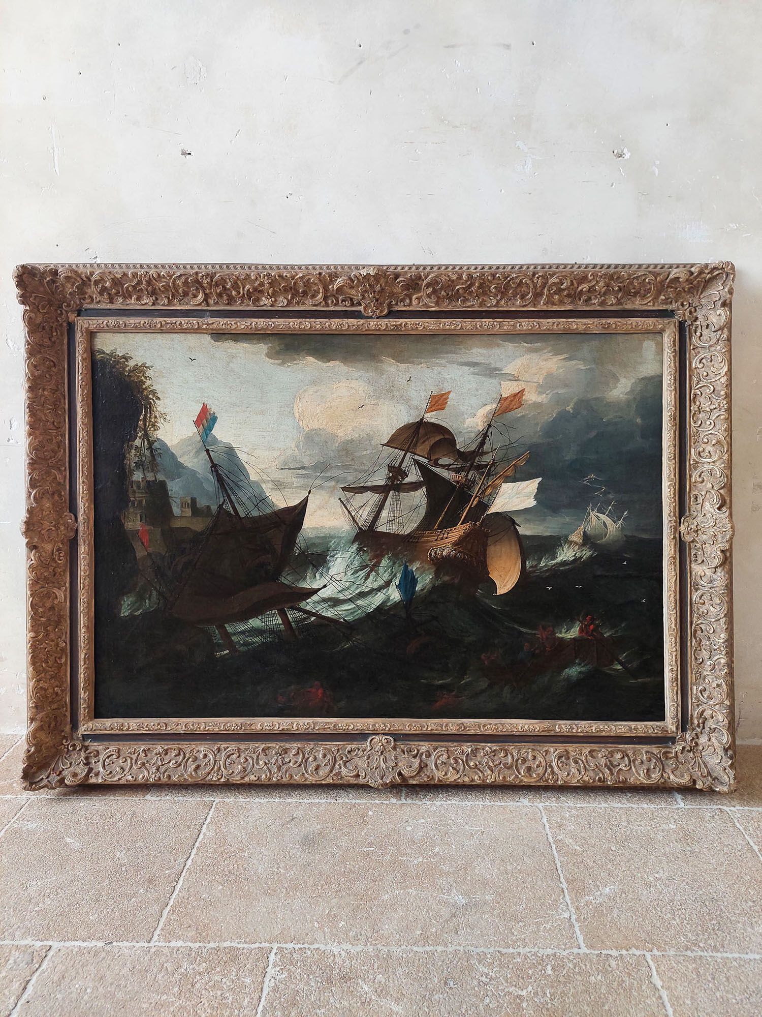 Oil on canvas, Ships in a storm off a Mediterranean coast - Piet Jonker