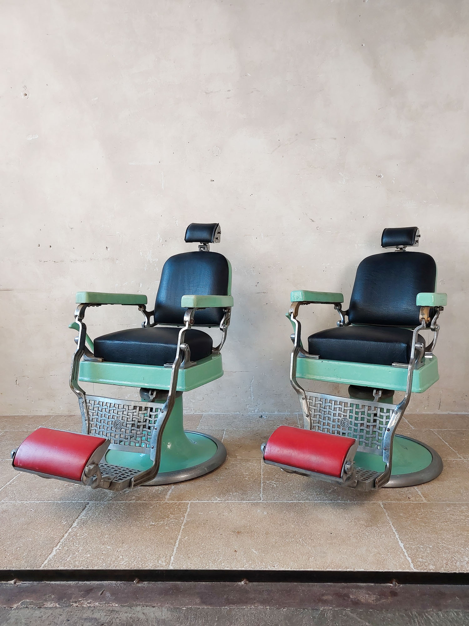 Pair of old mint green barber chairs - Piet Jonker