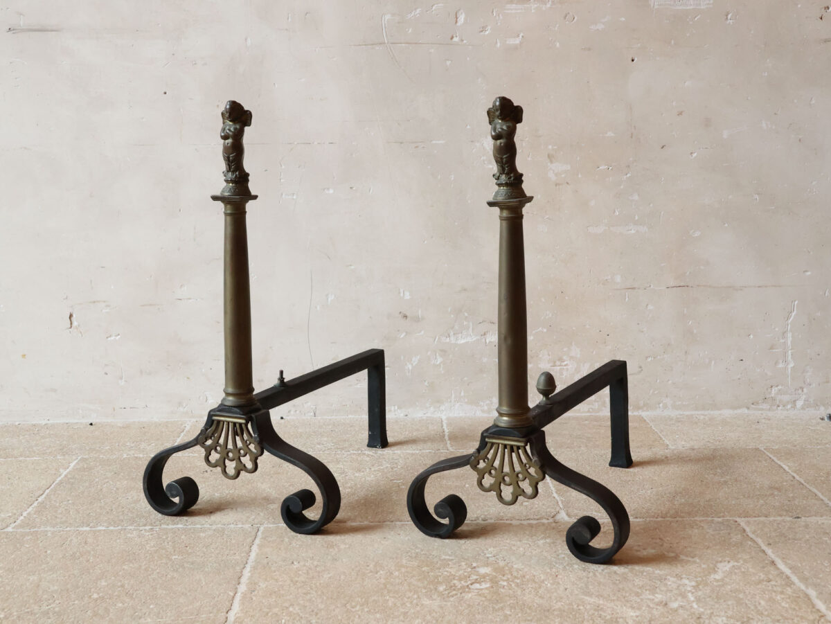 Large 19th-century wrought iron fire dogs - andirons with brass putti ...