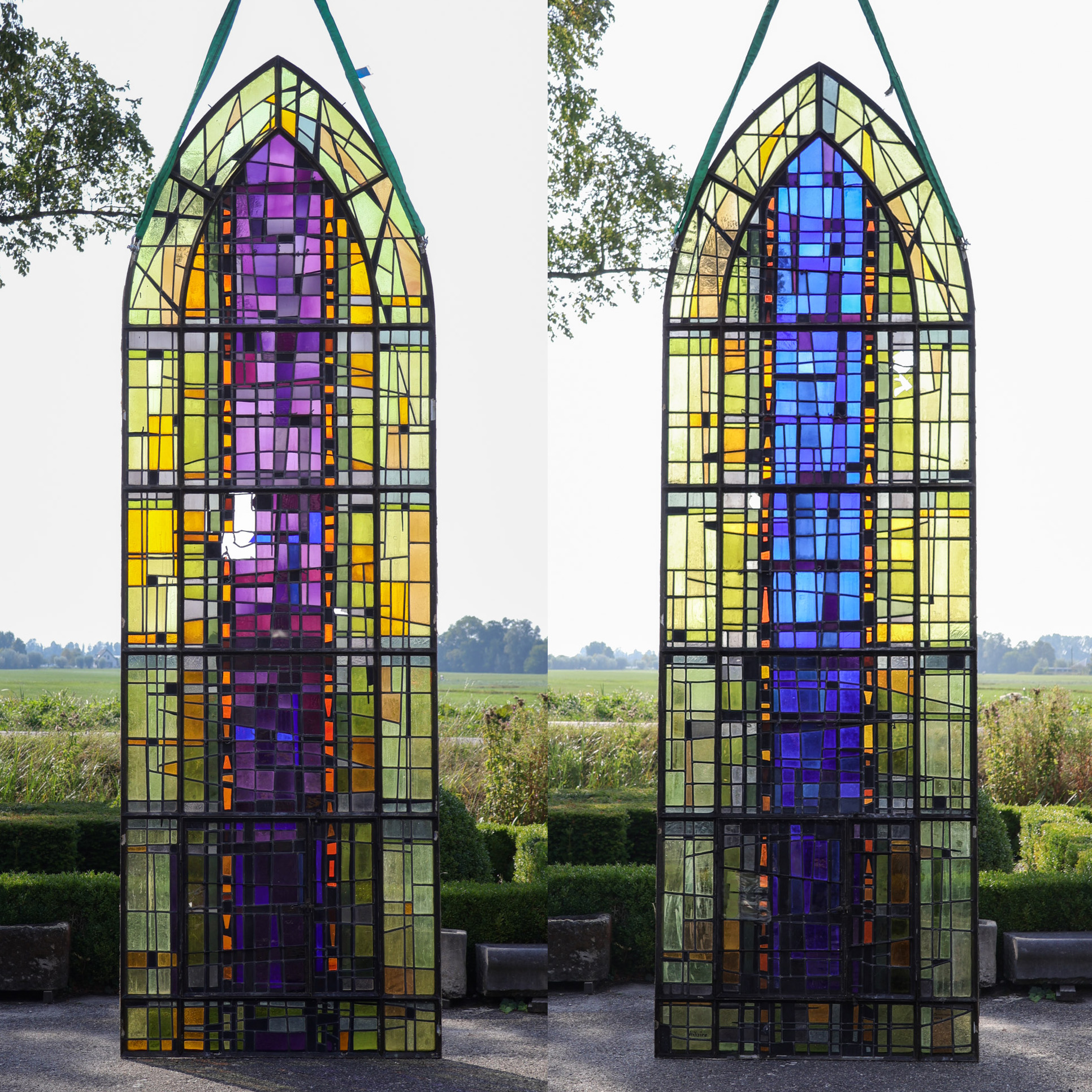 A pair of Gothic-inspired stained glass windows in Brutalist style ...