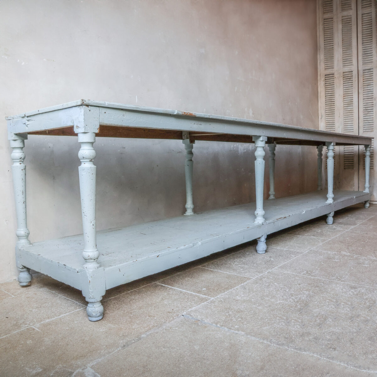 Large vintage fabric table or store display table, over 4 meters long ...