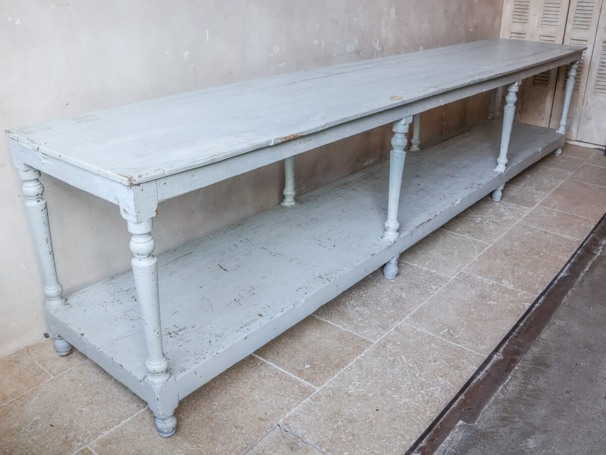 Large vintage fabric table or store display table, over 4 meters long ...