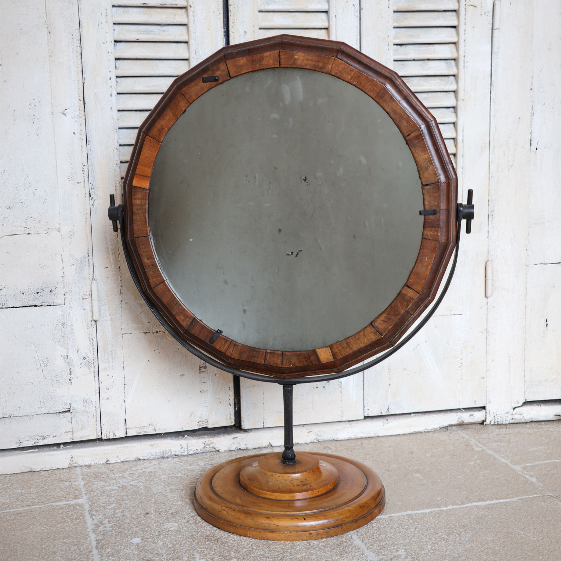 Antique free-standing mirror with convex glass and octagonal wooden ...